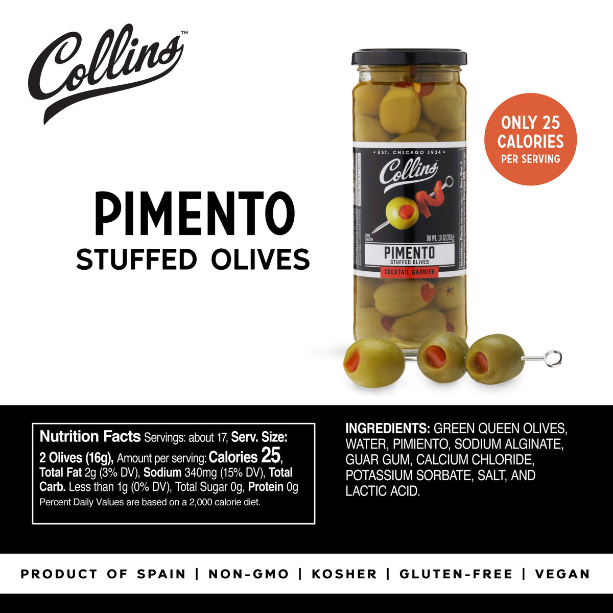 Collins Colossal Martini Pimento Olives | Premium Garnish for Cocktails ...